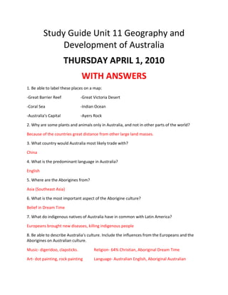 Study Guide Unit 11 Geography And Development Of Australia With Answers ...