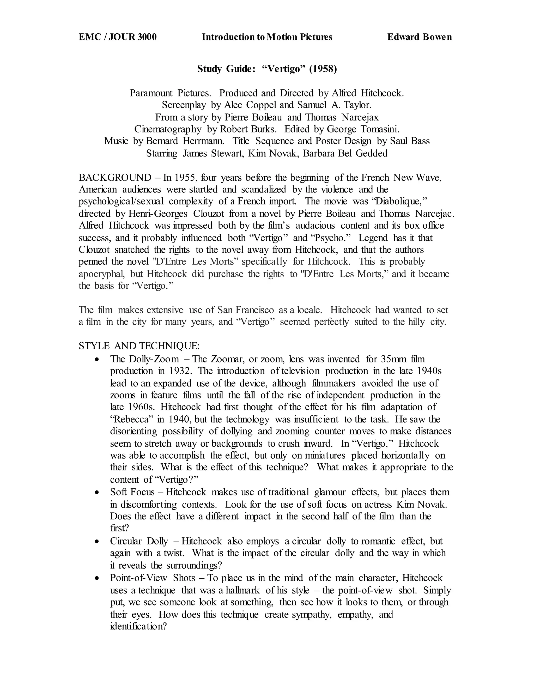 3000 Presentation 15: Vertigo Study Guide | DOCX