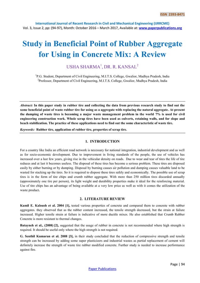 Study in Beneficial Point of Rubber Aggregate for Using in Concrete Mix ...