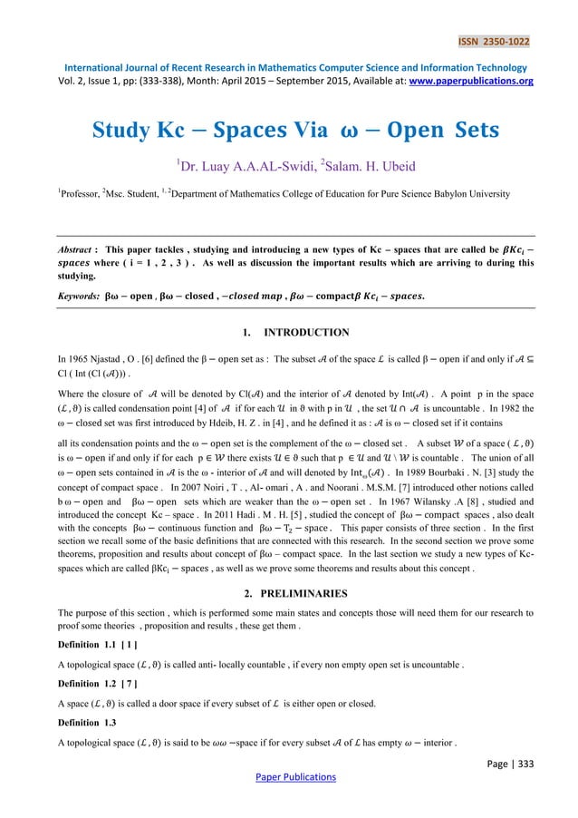 Study Kc - Spaces Via ω-Open Sets | PDF