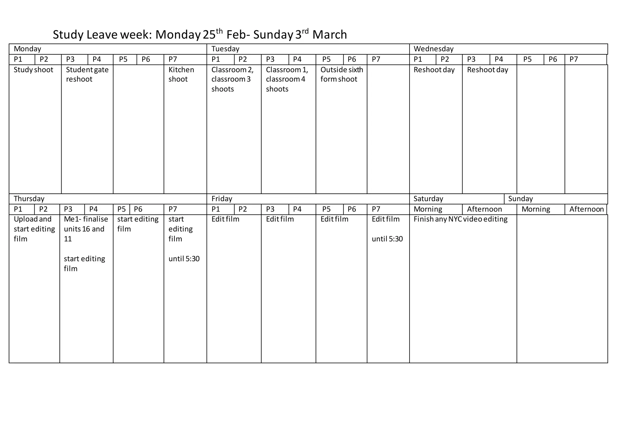 Study leave week possible plan | DOCX