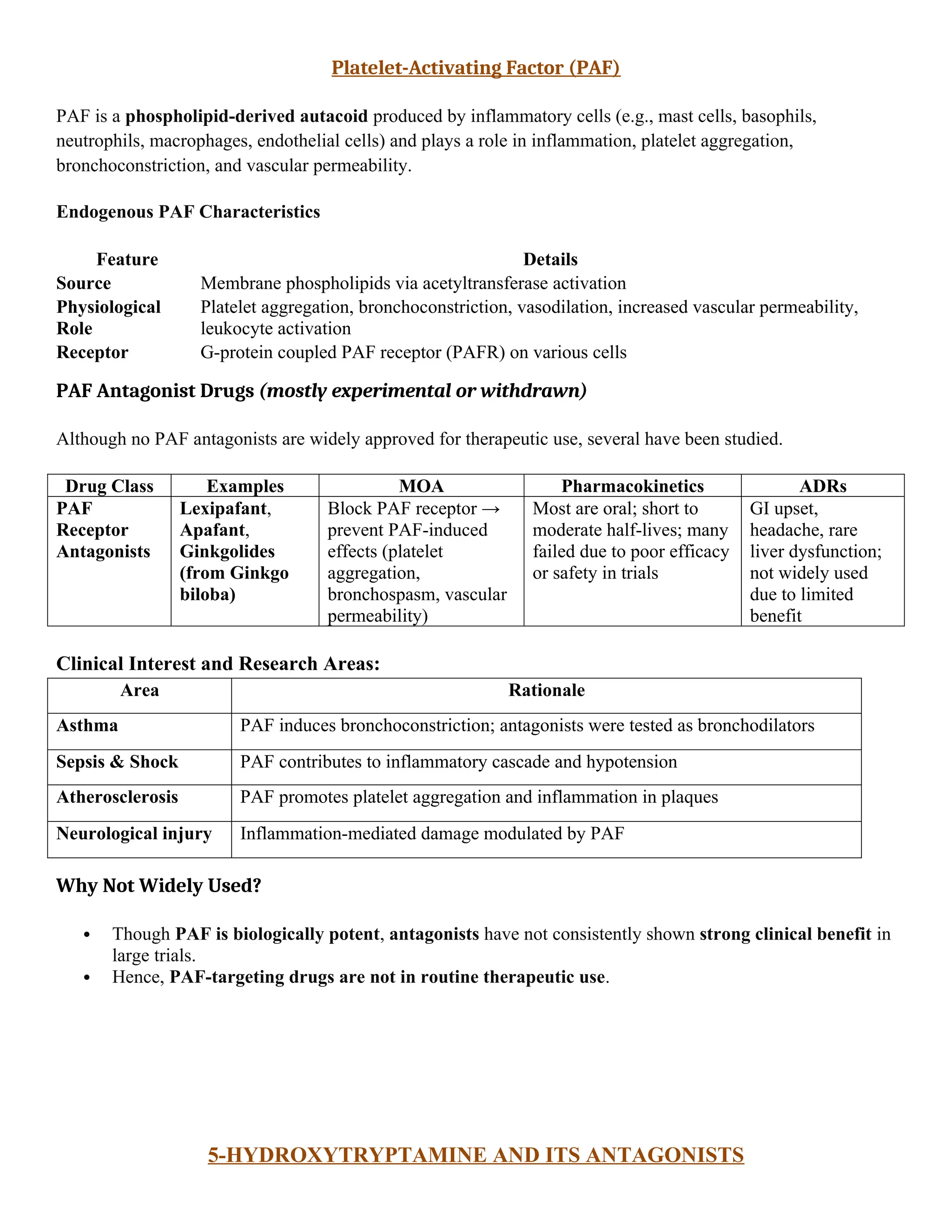 Lipid derived Autocoids / 5-Hydroxytryptamine & its antagonists ...