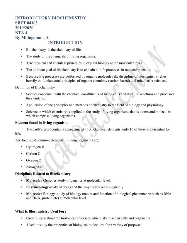 BIOCHEMISTRY NOTES By Noah Philemon | PDF