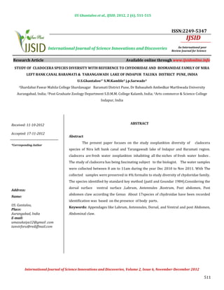 Study of cladocera species diversity with reference to chydoridae and ...