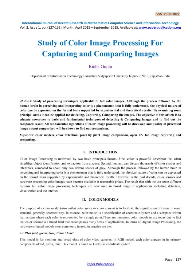 Study of Color Image Processing For Capturing and Comparing Images | PDF
