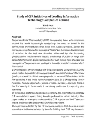 Study of CSR Initiatives of Leading Information Technology Companies of ...
