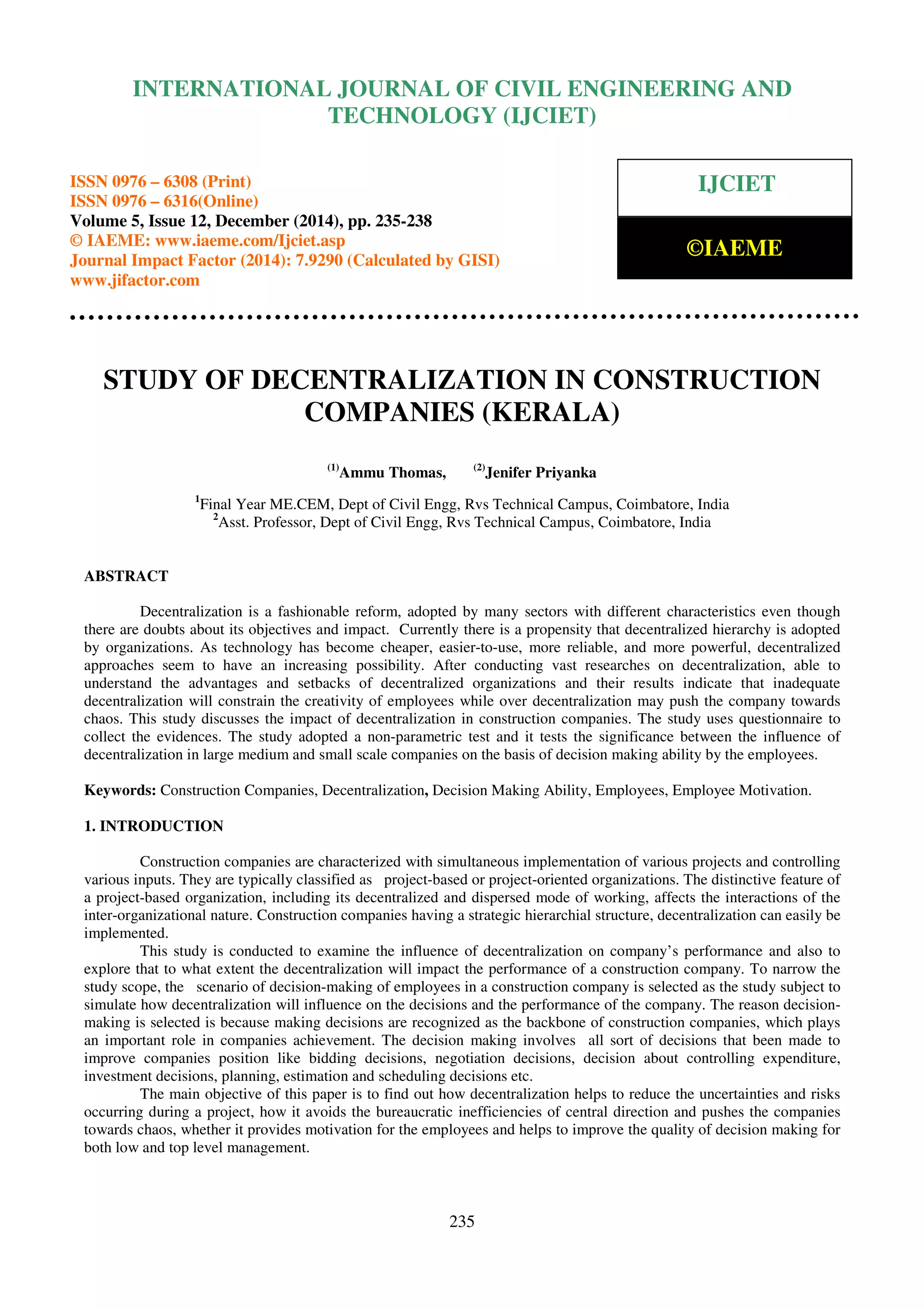 Study of decentralization in construction companies kerala | PDF | Construction Industry ...