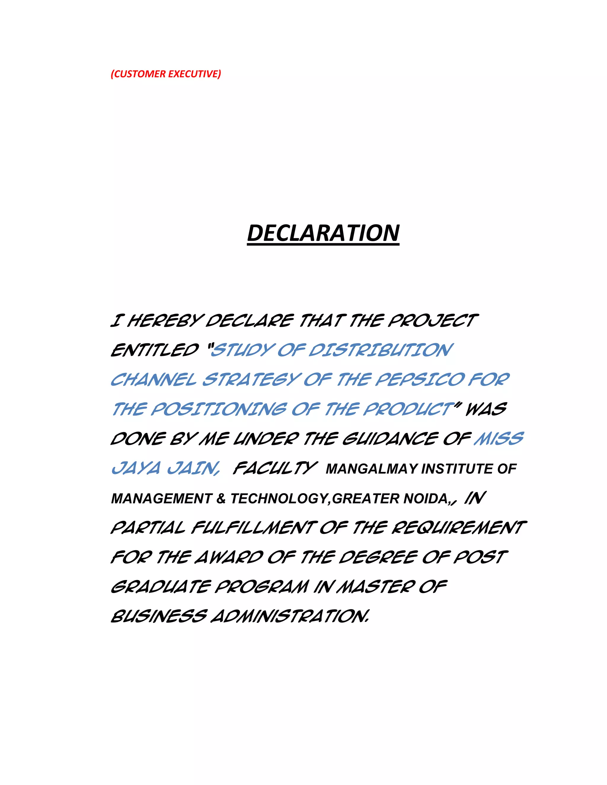 Study of distribution channel strategy of pepsico for the positioning ...