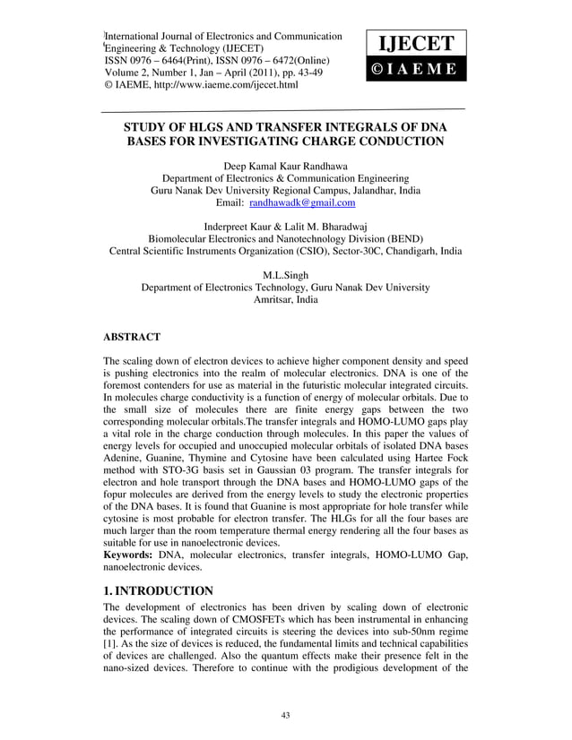 Study of hlgs and transfer integrals of dna bases for investigating ...