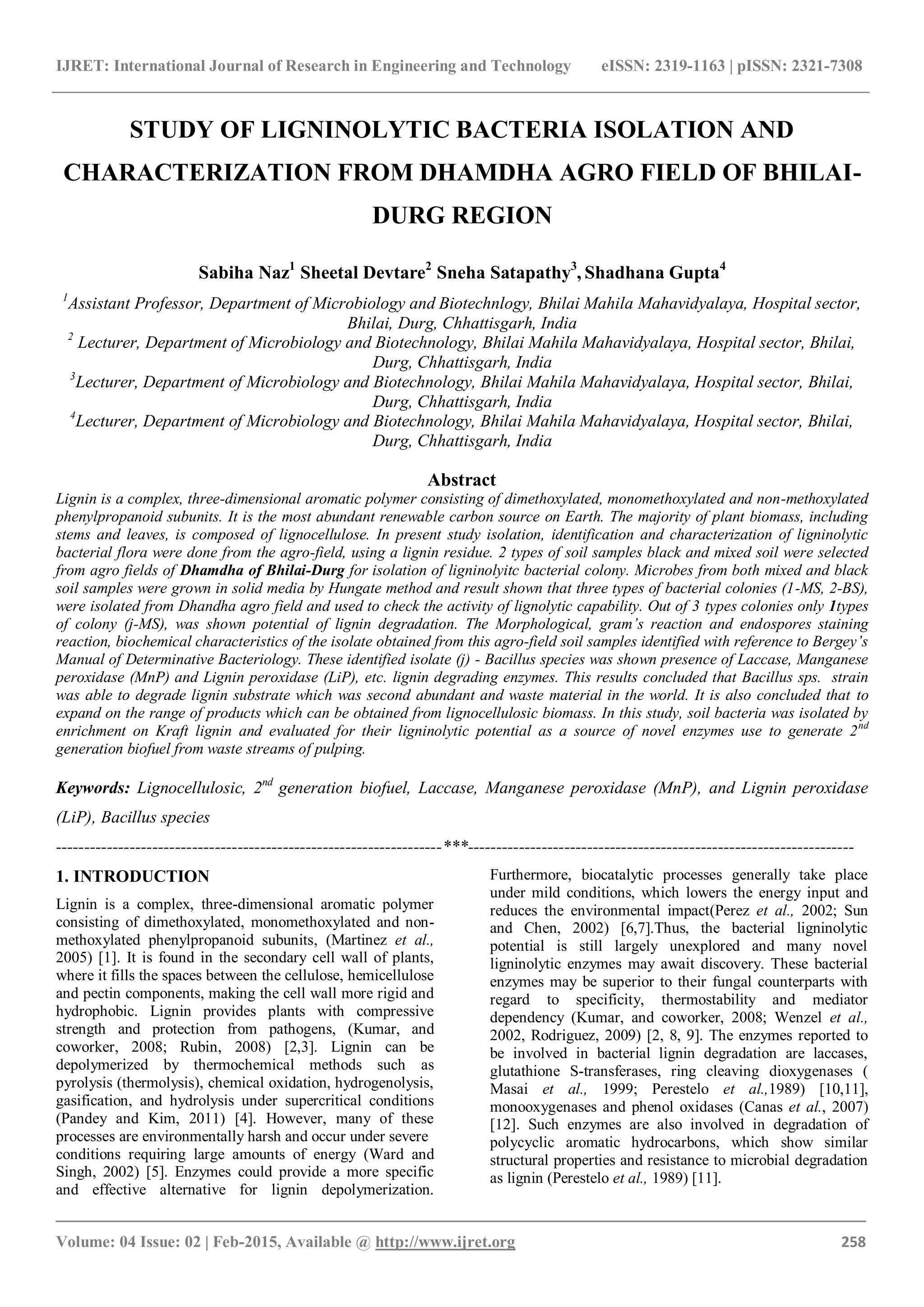 Study of ligninolytic bacteria isolation and characterization from ...