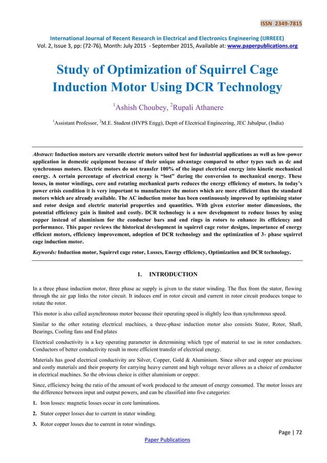Study of Optimization of Squirrel Cage Induction Motor Using DCR Technology | PDF