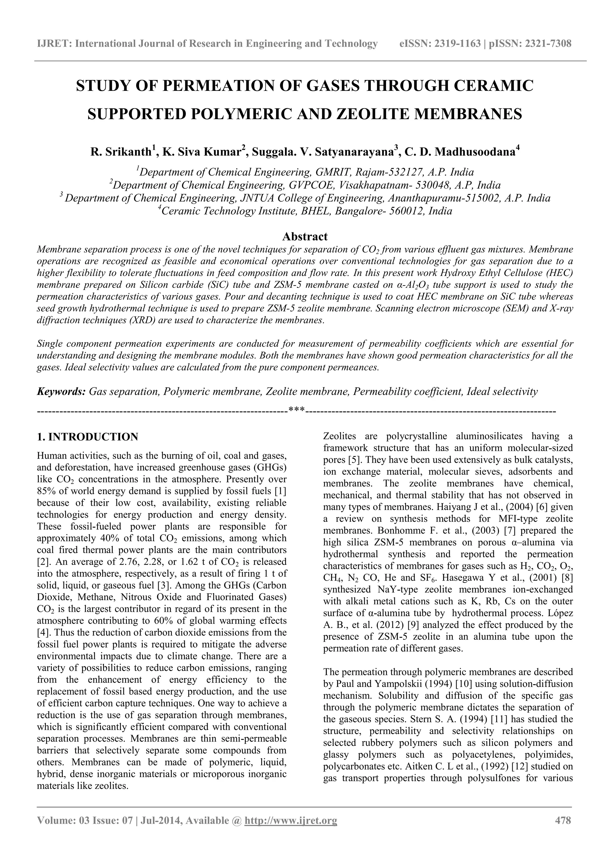 Study of permeation of gases through ceramic supported polymeric and ...