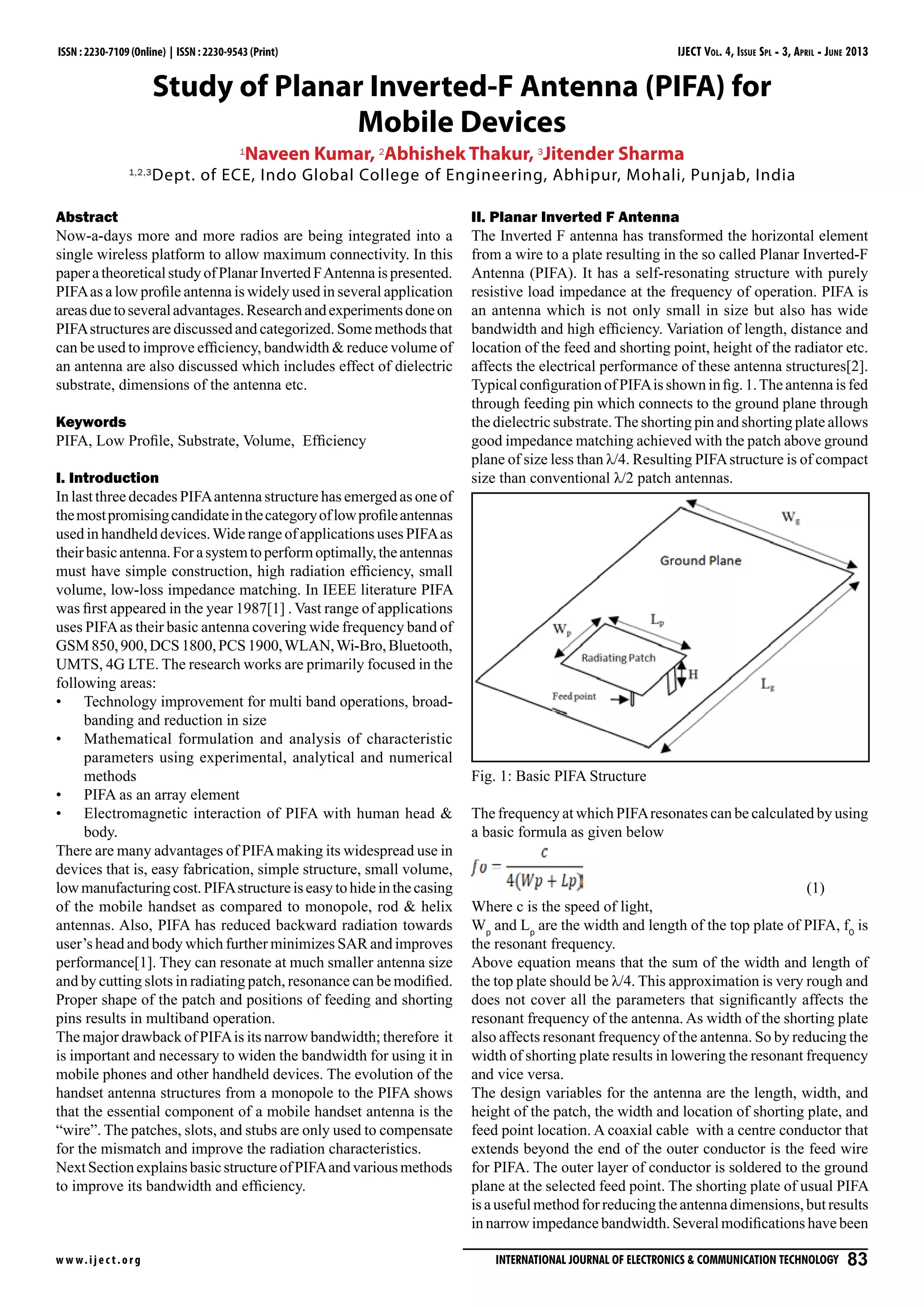 Study of Planar Inverted - F Antenna (PIFA) for mobile devices | PDF