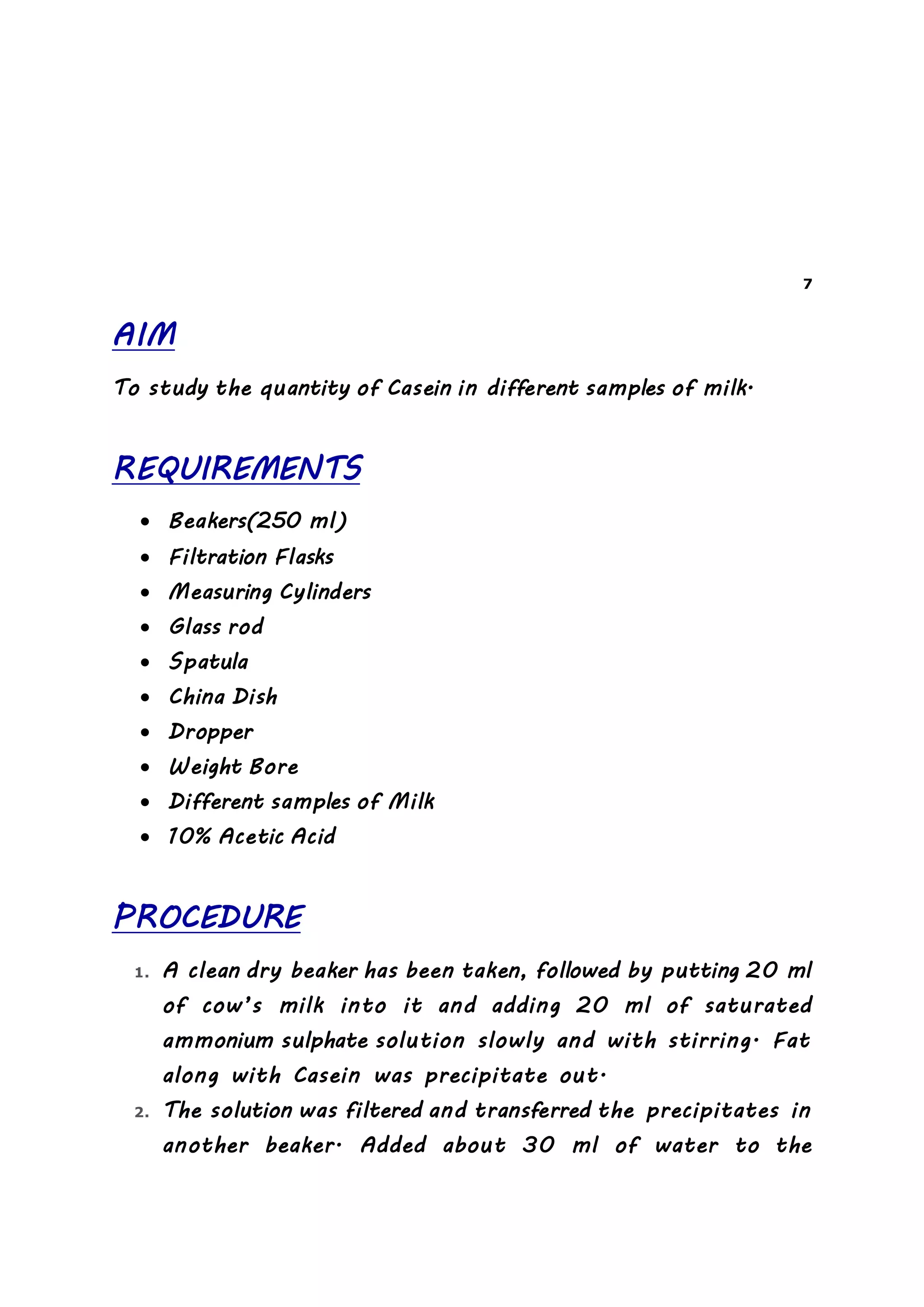Study of quantity of caesin present in different samples of milk | DOCX