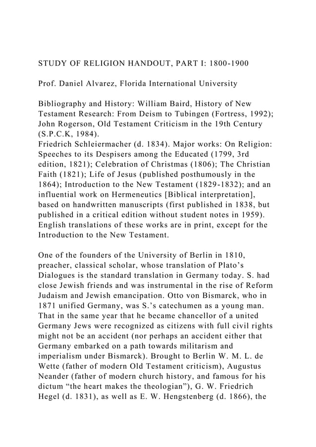 STUDY OF RELIGION HANDOUT, PART I 1800-1900Prof. Daniel Alvar.docx