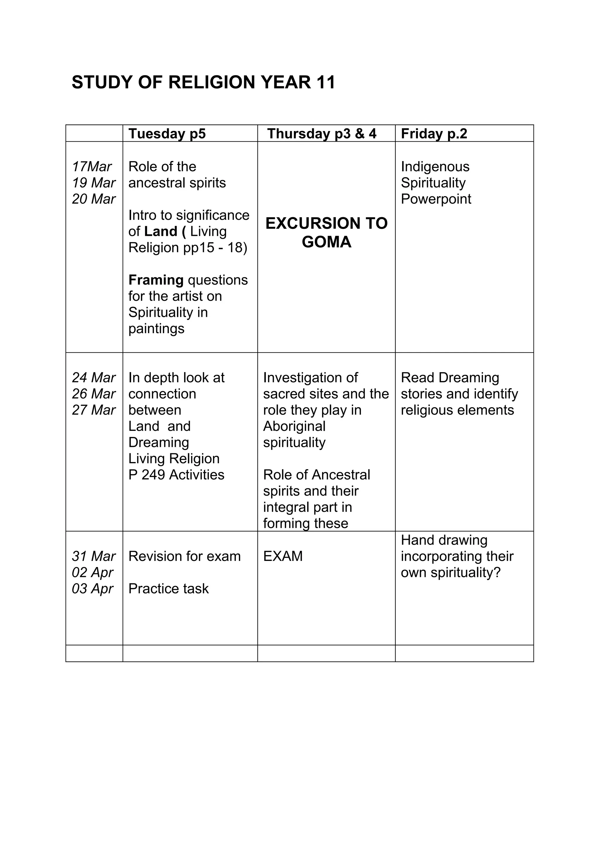 Study Of Religion Year Lesson Plan For Term One | DOC