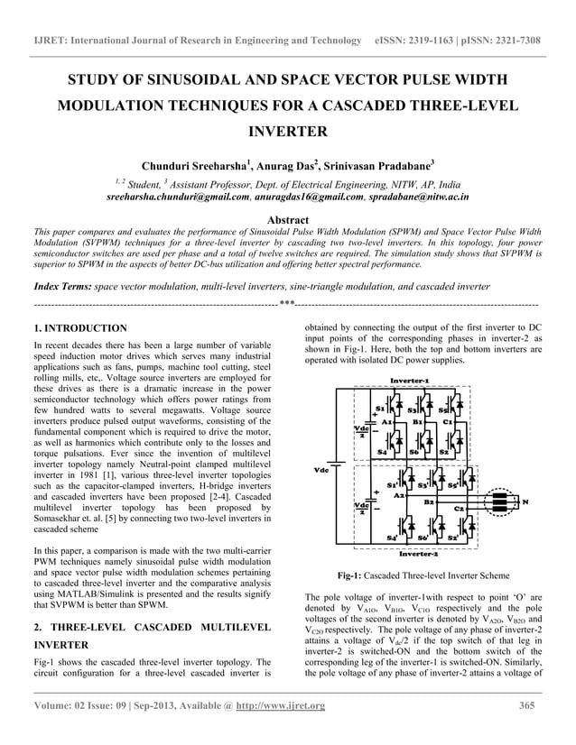 Study of sinusoidal and space vector pulse width modulation techniques for a cascaded three ...