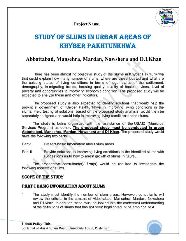 Study of slums in urban areas of khyber pakhtunkhwa (1) | PDF