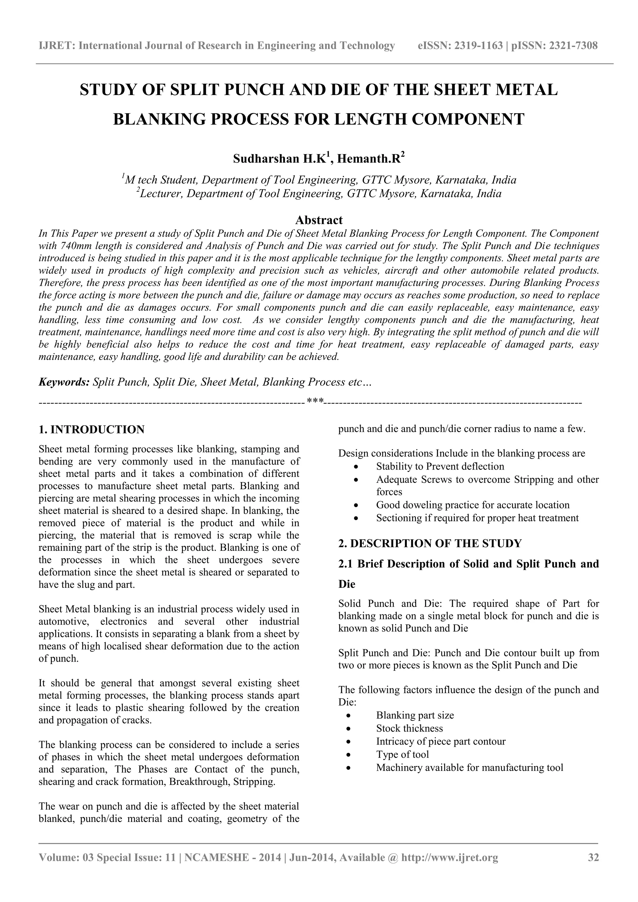 Study of split punch and die of the sheet metal blanking process for length component | PDF