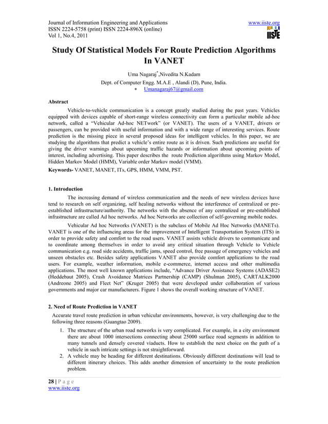 Study of statistical models for route prediction algorithms in vanet | PDF