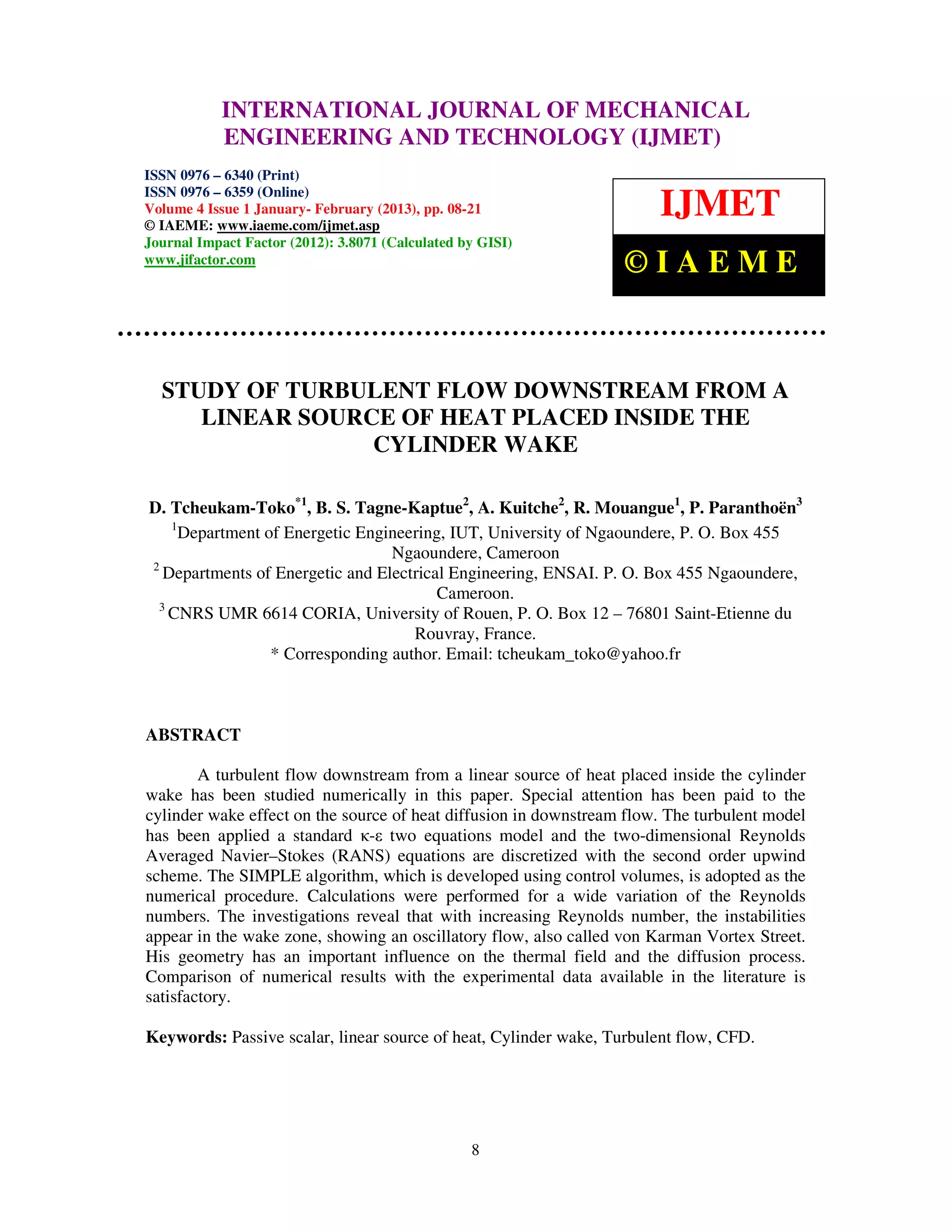 Study of turbulent flow downstream from a linear source of heat | PDF