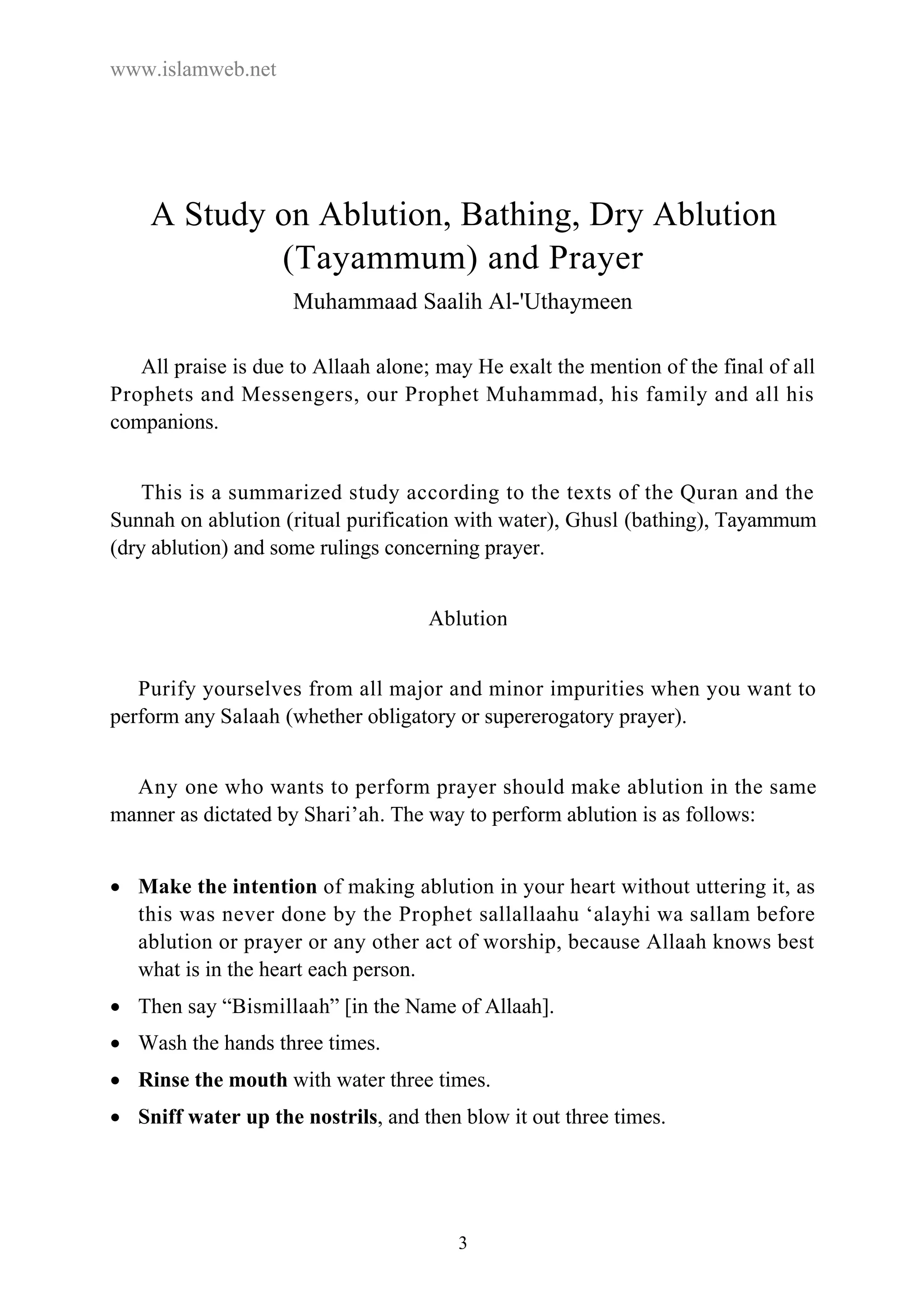 A Study on Ablution, Bathing, Dry Ablution (Tayammum) and Prayer | PDF