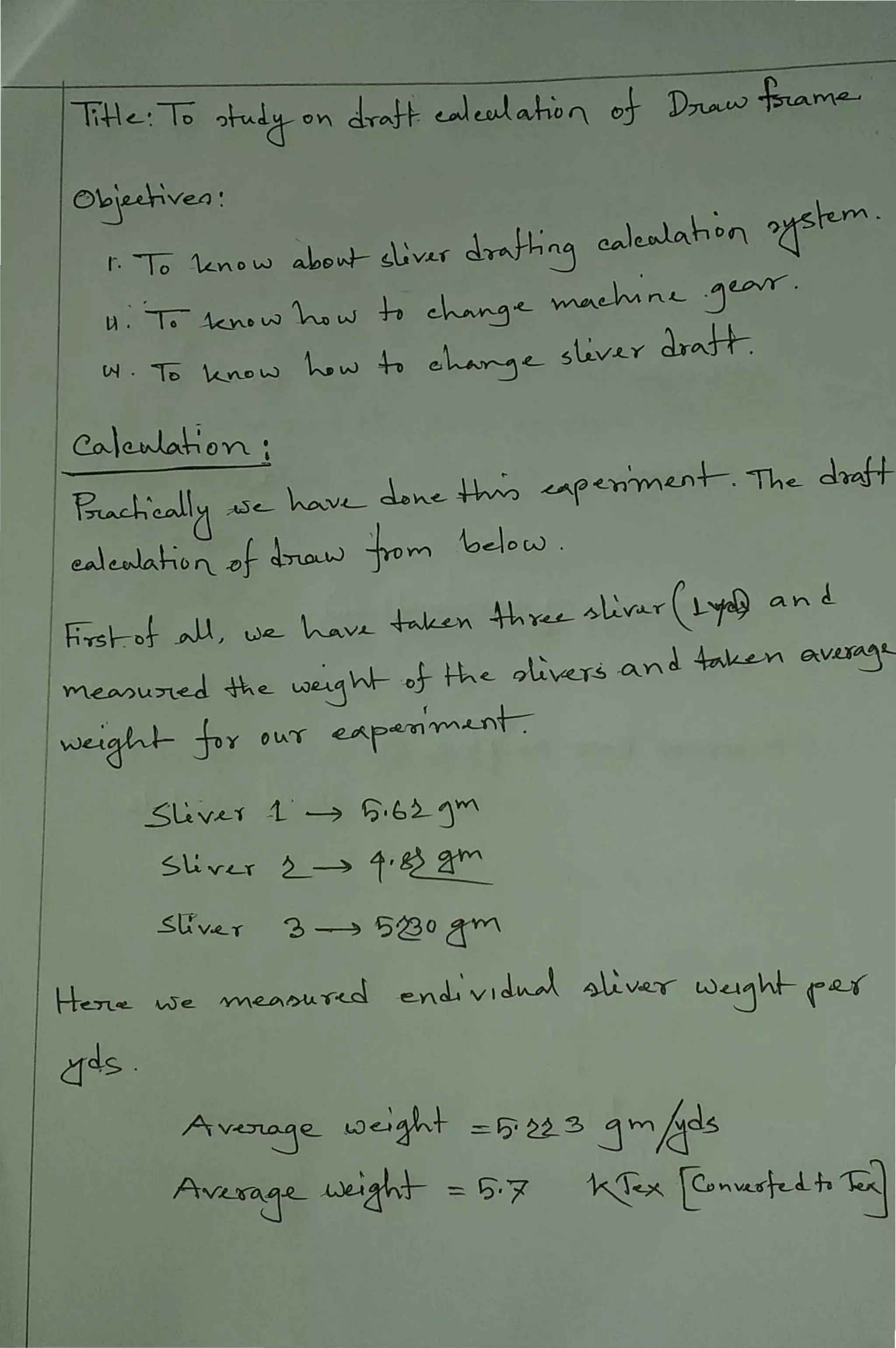 Yarn 2/1 ----Study on a draft calculation of draw frame | PDF