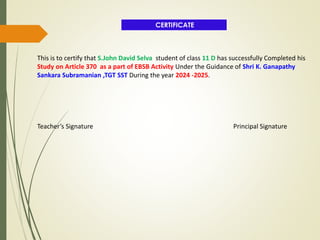 Study on Article 370 - Jammu Kashmir & Ladakh - ( EBSB ACTIVITY ) | PPT