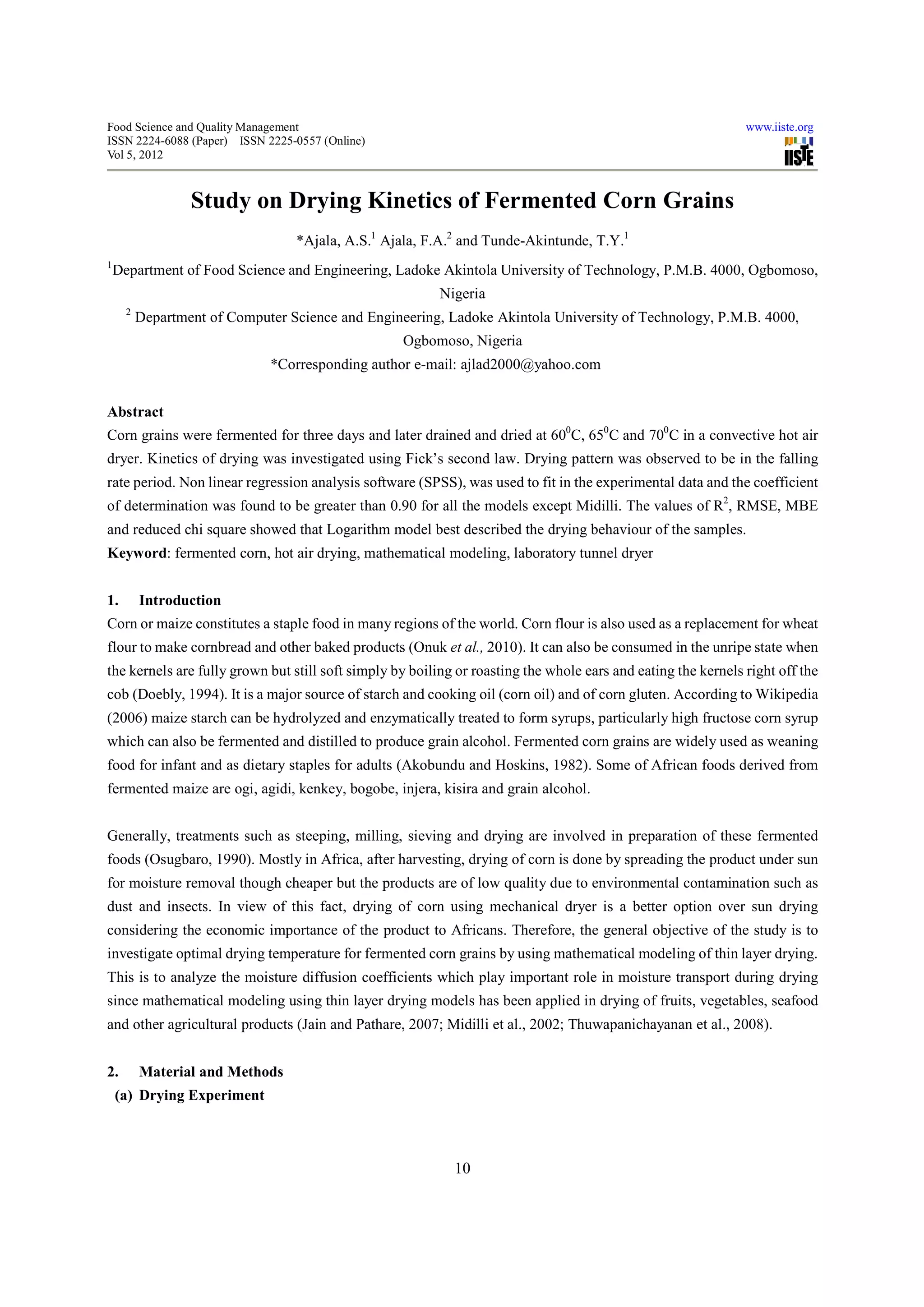Study on drying kinetics of fermented corn grains | PDF