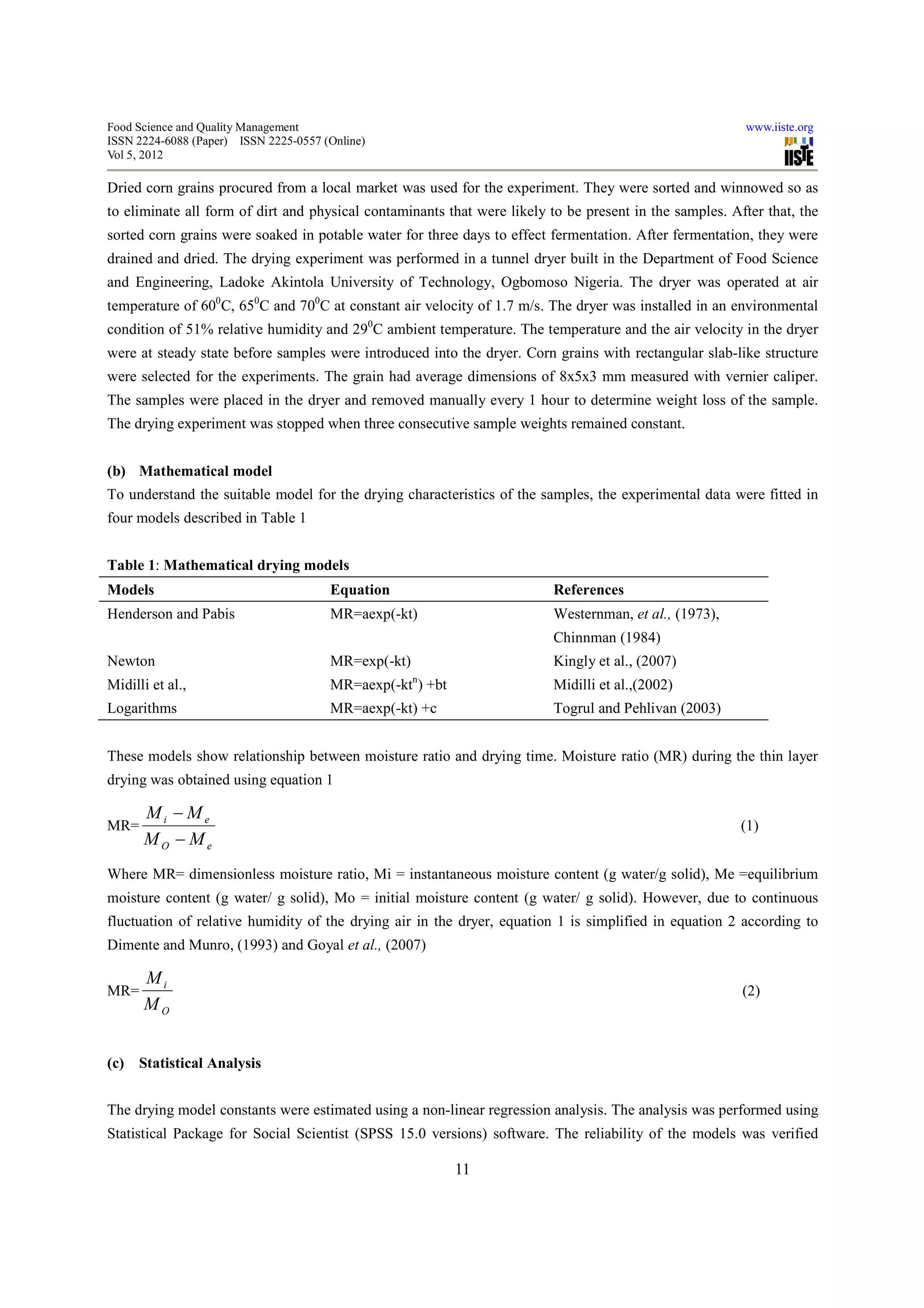 Study on drying kinetics of fermented corn grains | PDF