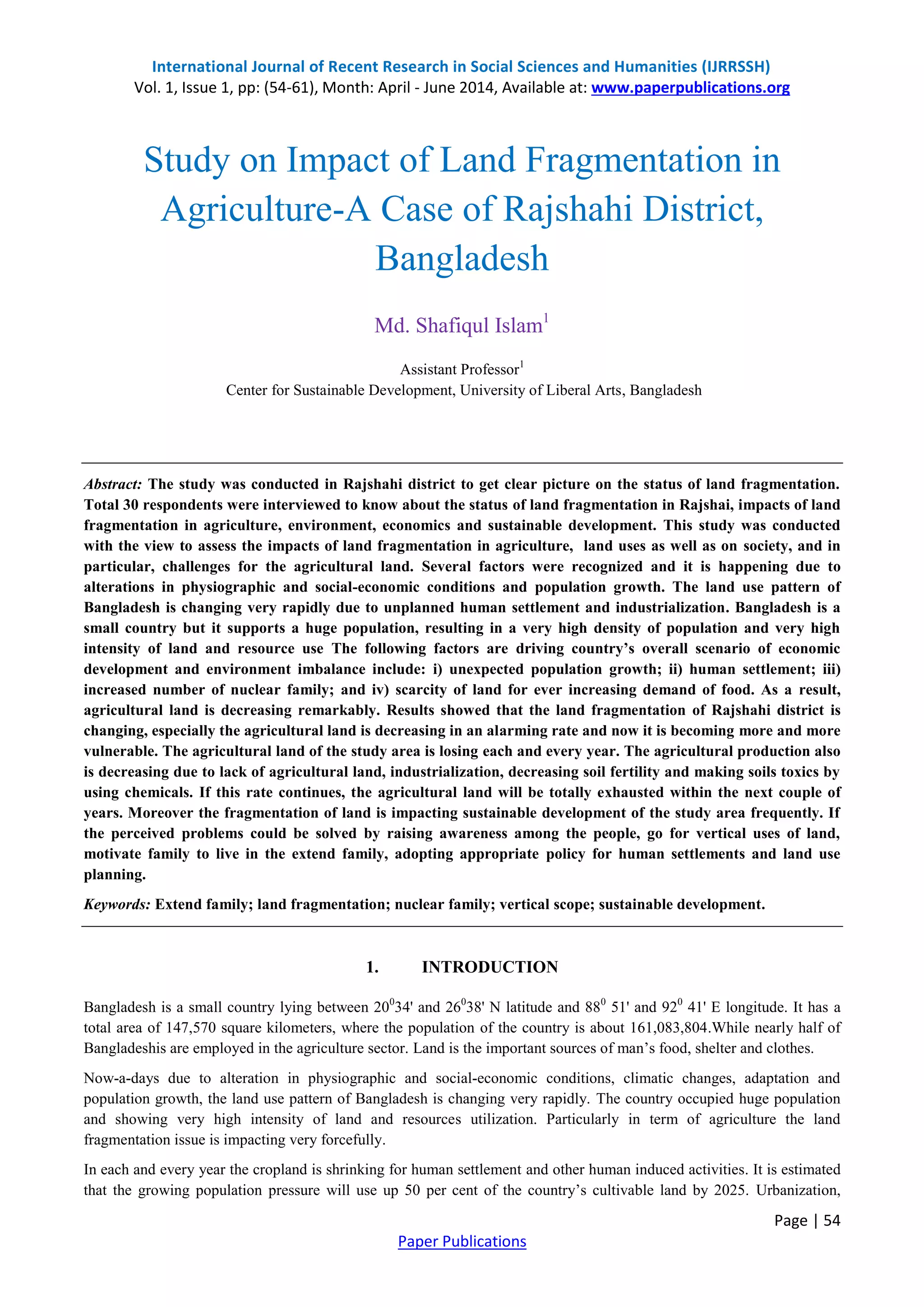 Study on Impact of Land Fragmentation in Agriculture-A Case of Rajshahi ...