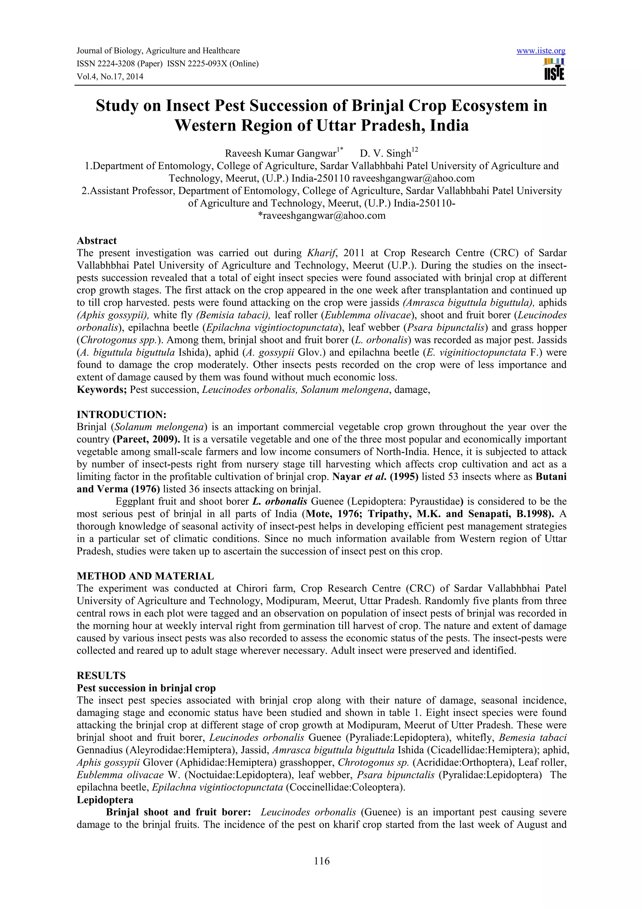 Study on insect pest succession of brinjal crop ecosystem in western ...