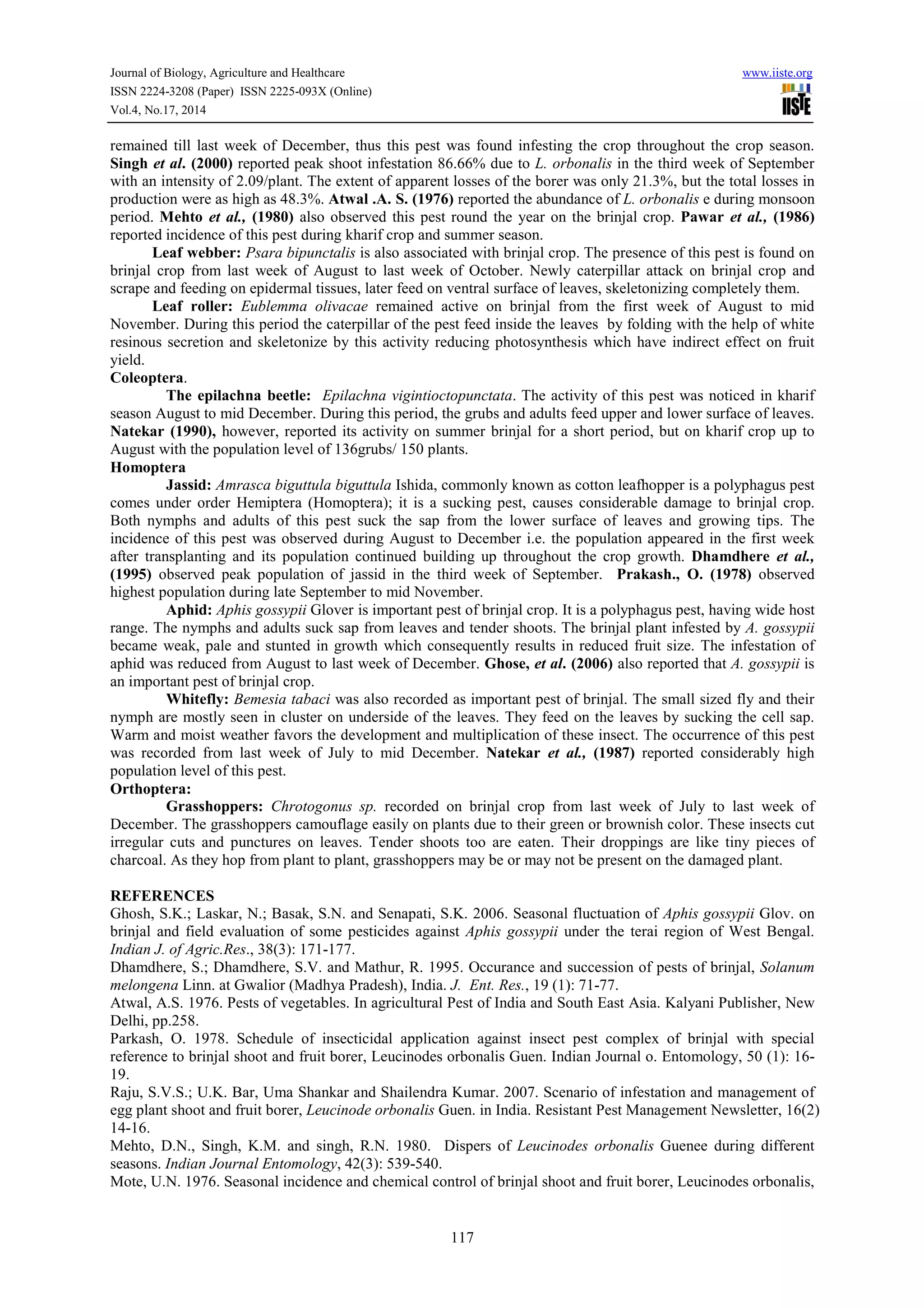 Study on insect pest succession of brinjal crop ecosystem in western ...