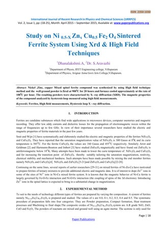 Study on Ni 0.5-X Znx Cu0.5 Fe2 O4 Sintered Ferrite System Using Xrd ...