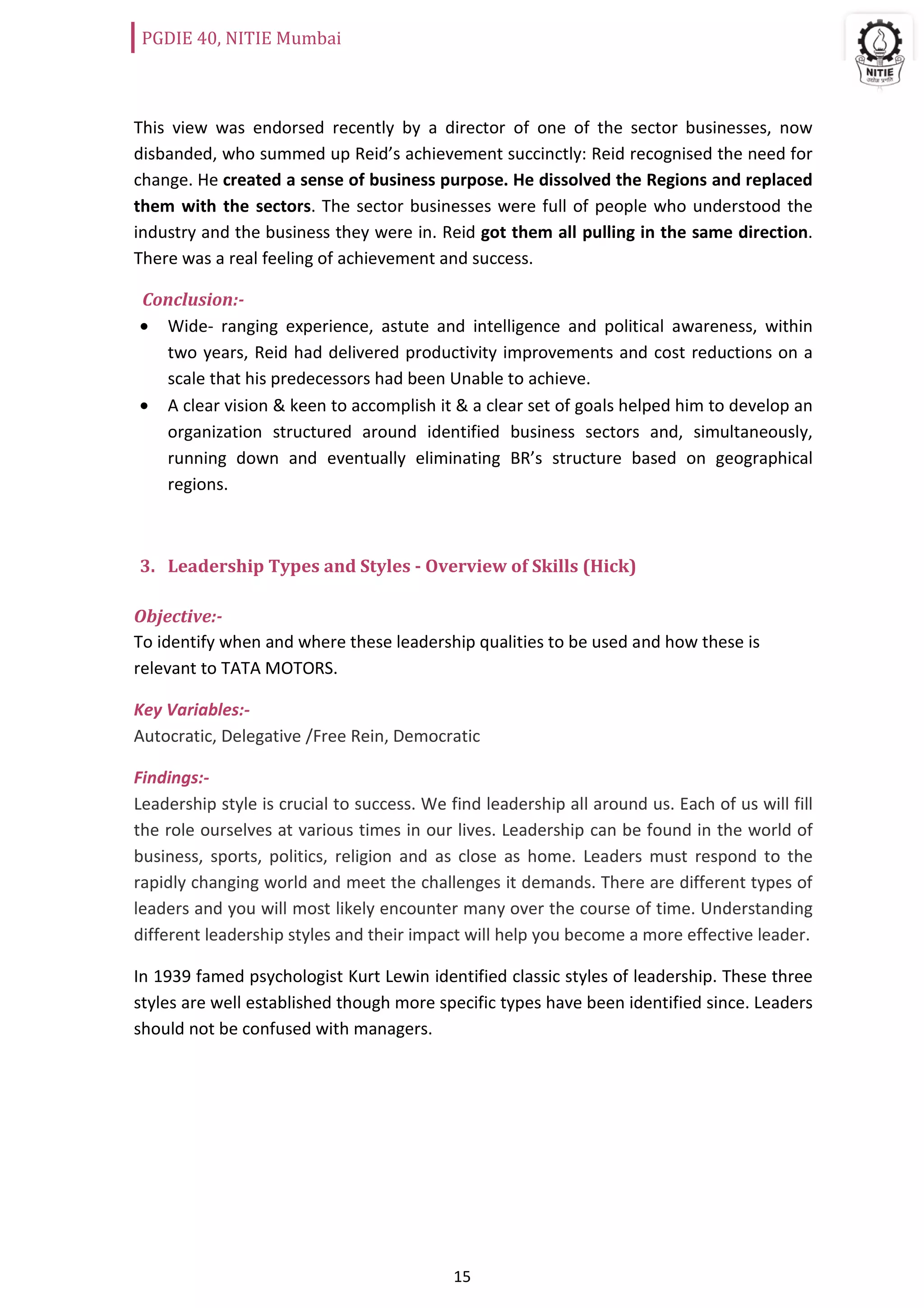 Study on organizational structure and leadership style of tata motors | PDF