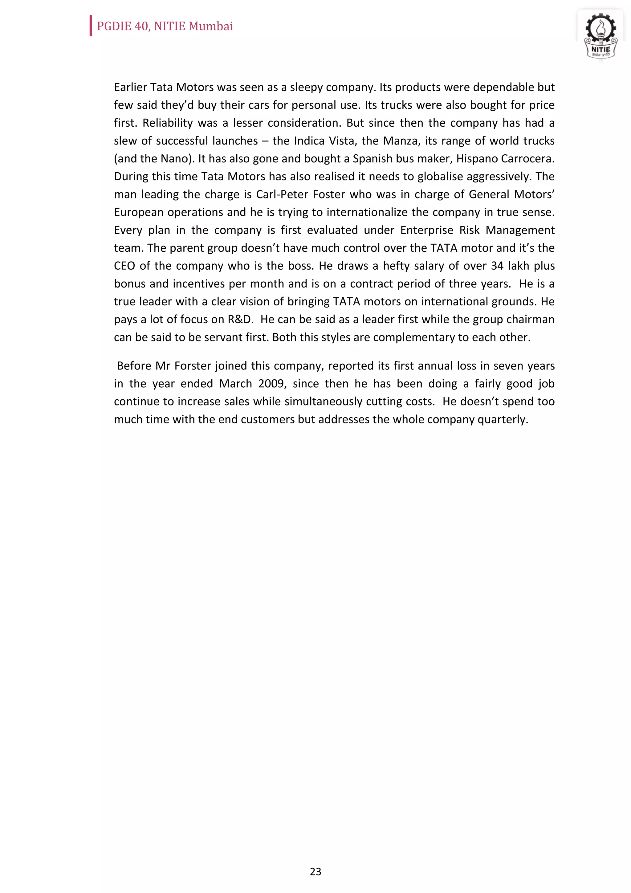 Study on organizational structure and leadership style of tata motors | PDF