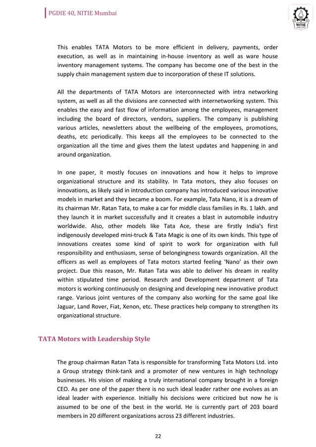 Study on organizational structure and leadership style of tata motors | PDF