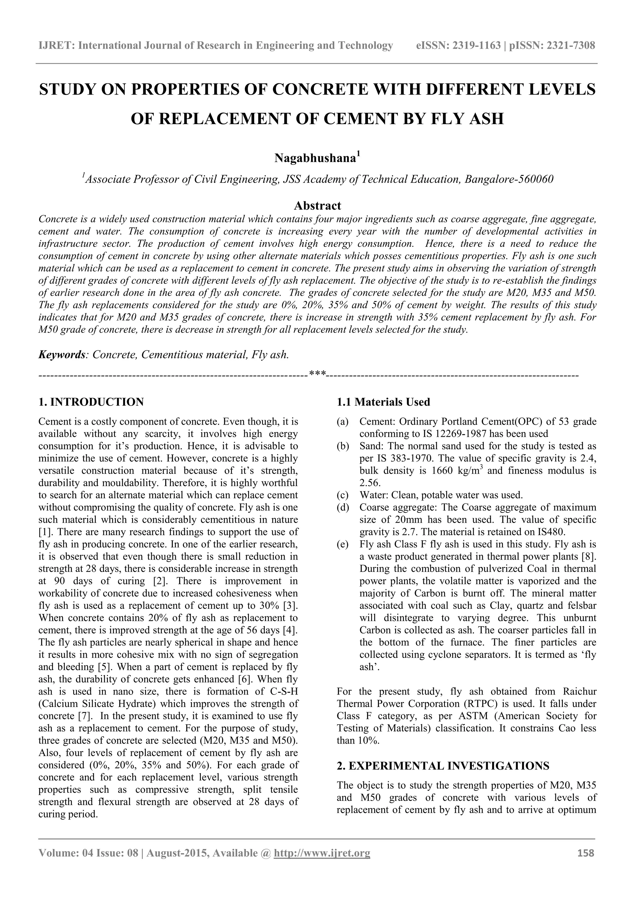 Study on properties of concrete with different levels of replacement of ...