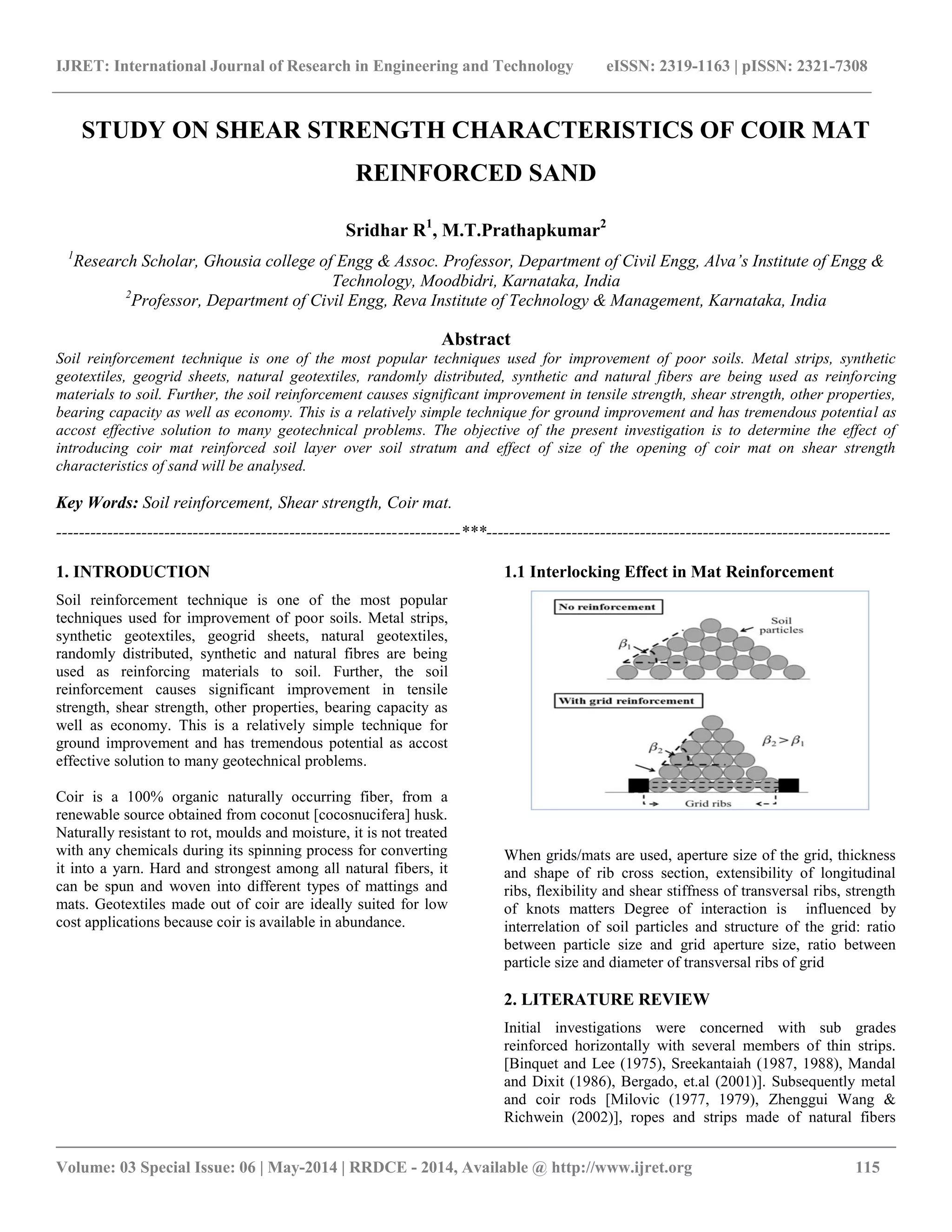 Study on shear strength characteristics of coir mat reinforced sand | PDF