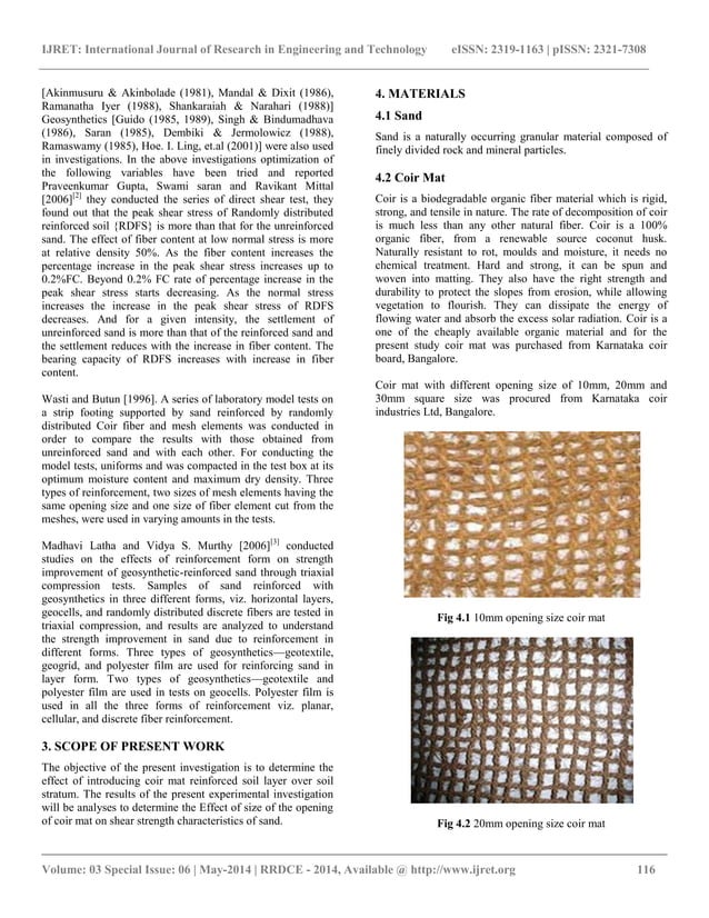 Study on shear strength characteristics of coir mat reinforced sand ...
