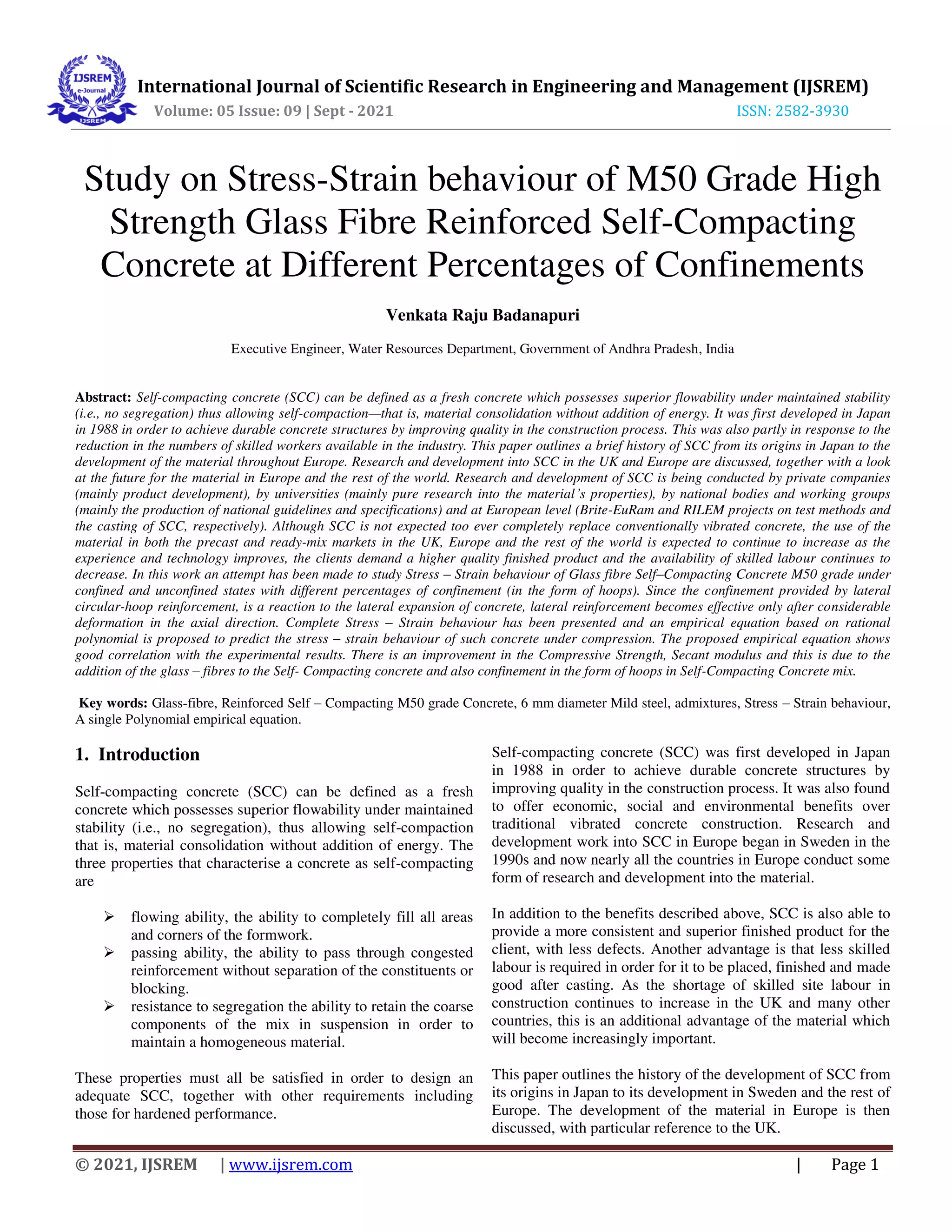 Study on Stress-Strain behaviour of M50 Grade High Strength Glass Fibre ...