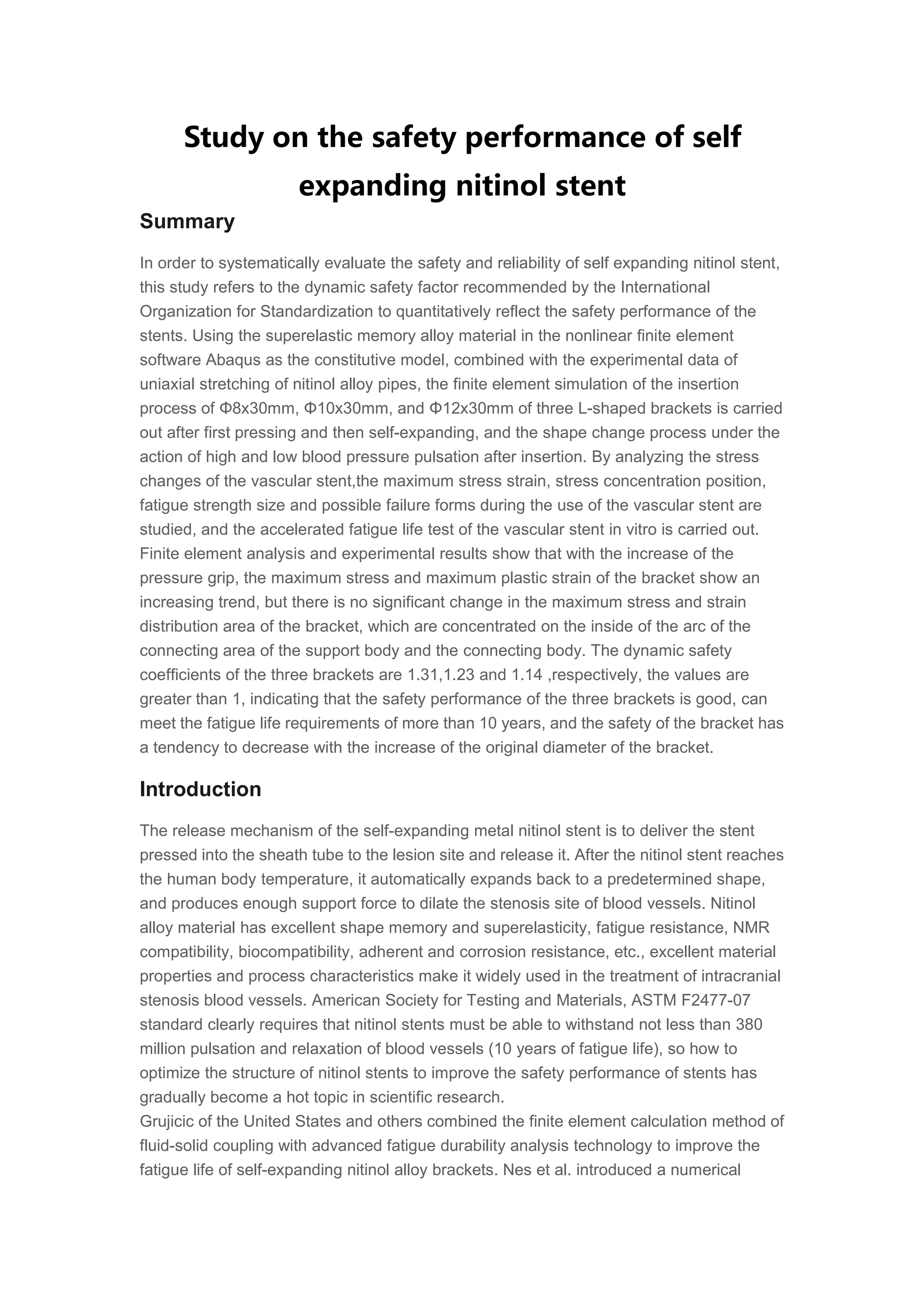Study on the safety performance of self expanding nitinol stent | PDF