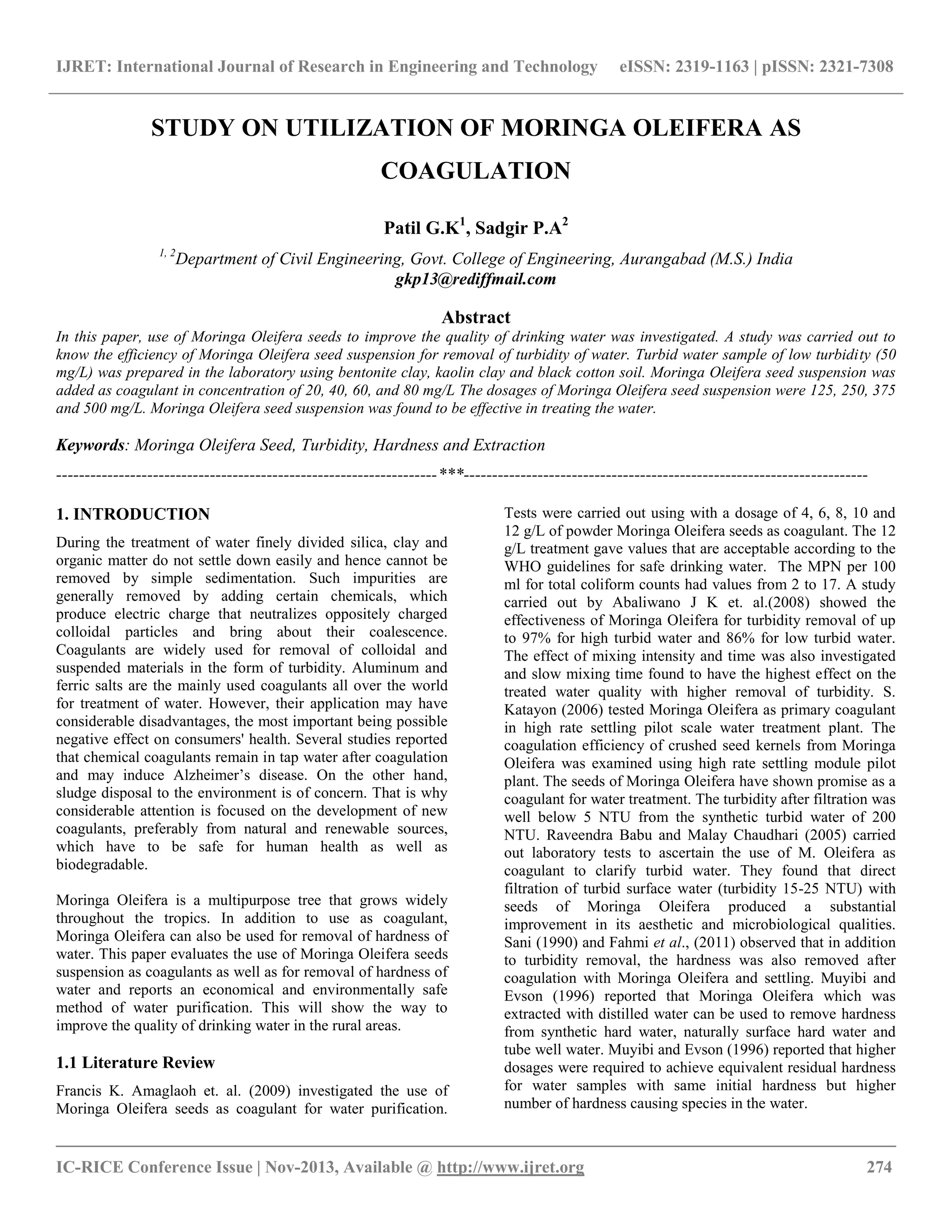 Study on utilization of moringa oleifera as coagulation | PDF