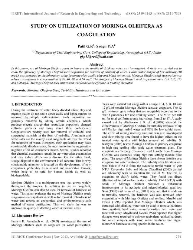 Study on utilization of moringa oleifera as coagulation | PDF