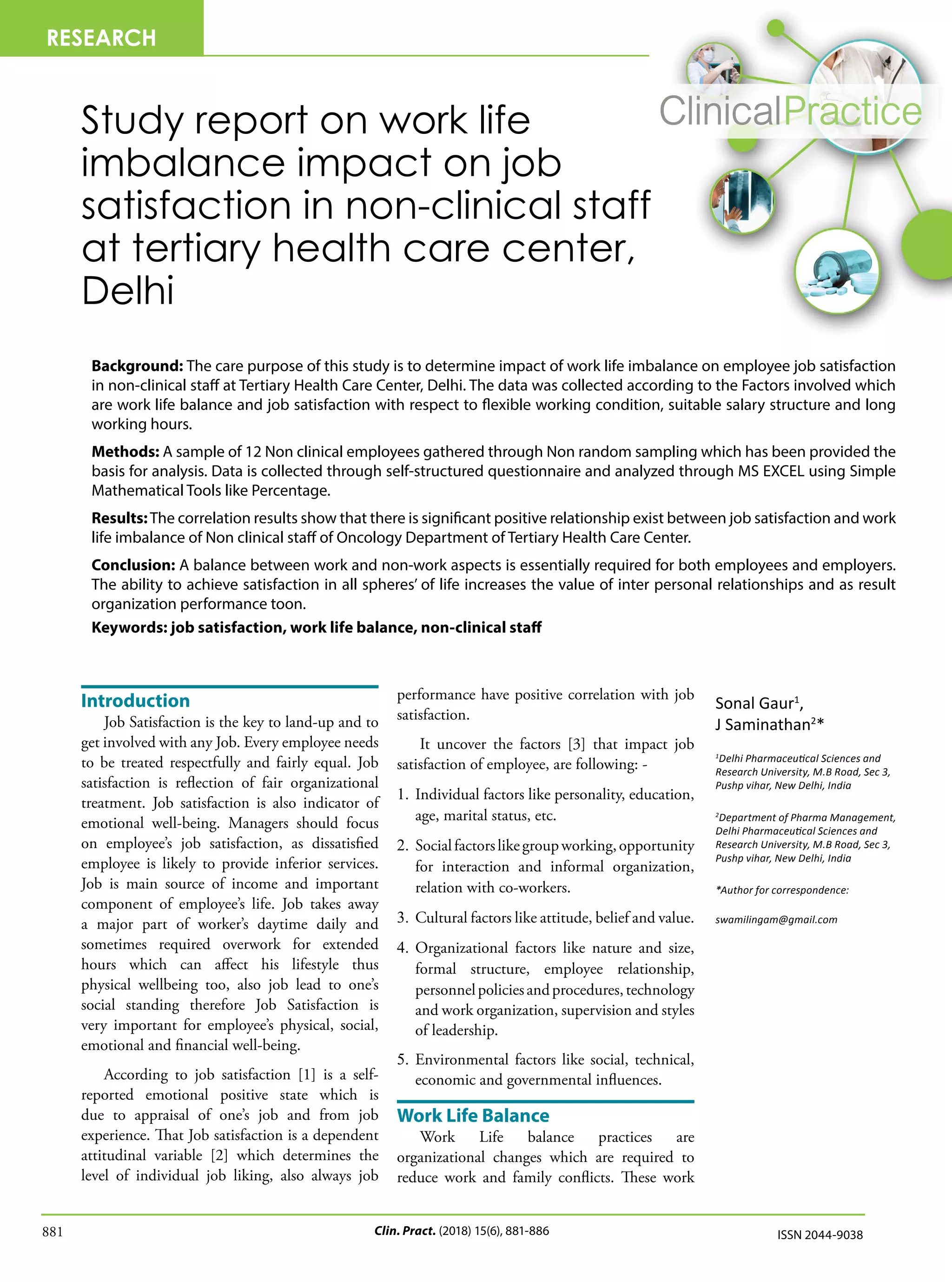 Study report on work life imbalance impact on Job Satisfaction in Non ...