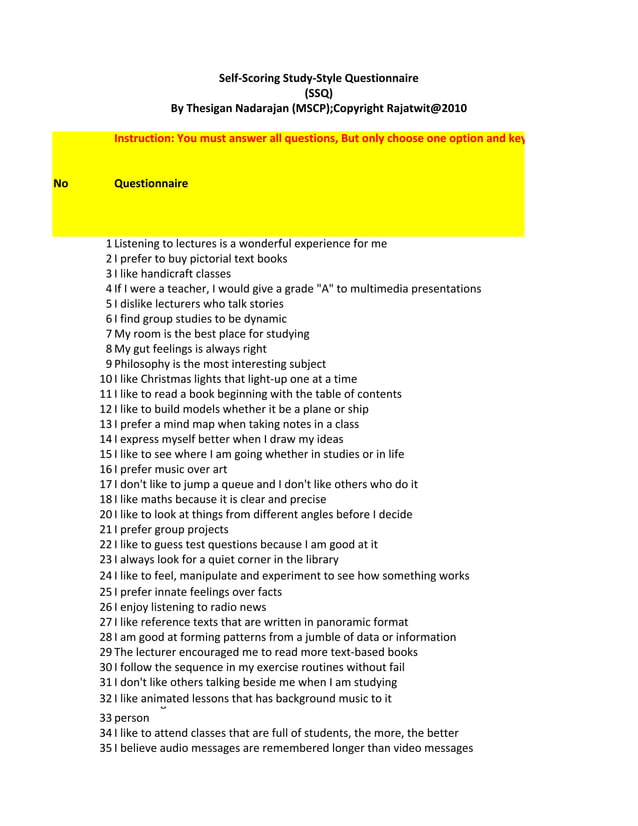 Self Scoring Study-style questionnaire (SSQ) | XLS | Educational ...