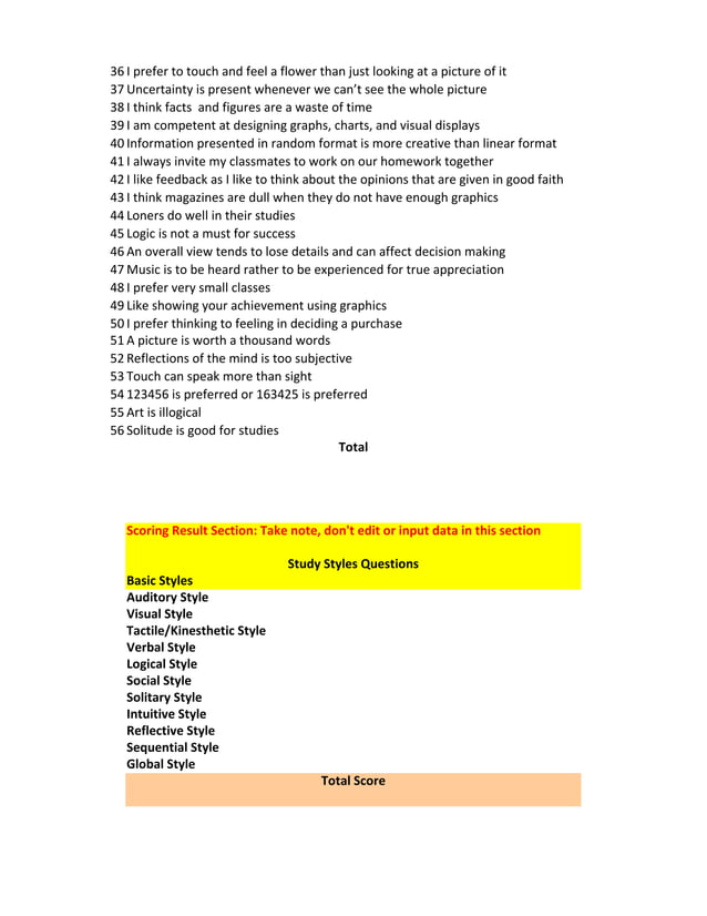 Self Scoring Study-style questionnaire (SSQ) | XLS | Educational ...