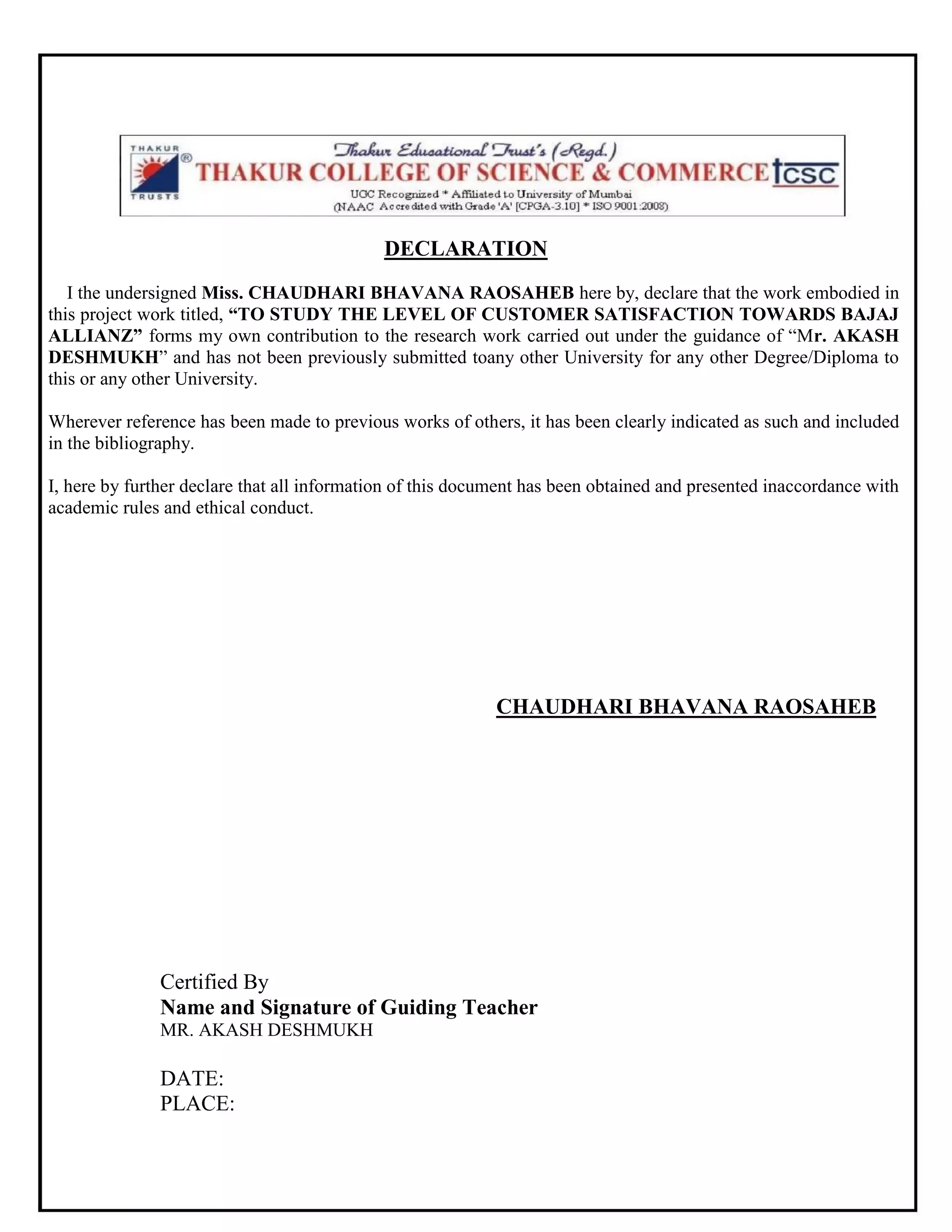 _STUDY THE LEVEL OF CUSTOMER SATISFACTION TOWRADS BAJAJ ALLIANZ .pdf