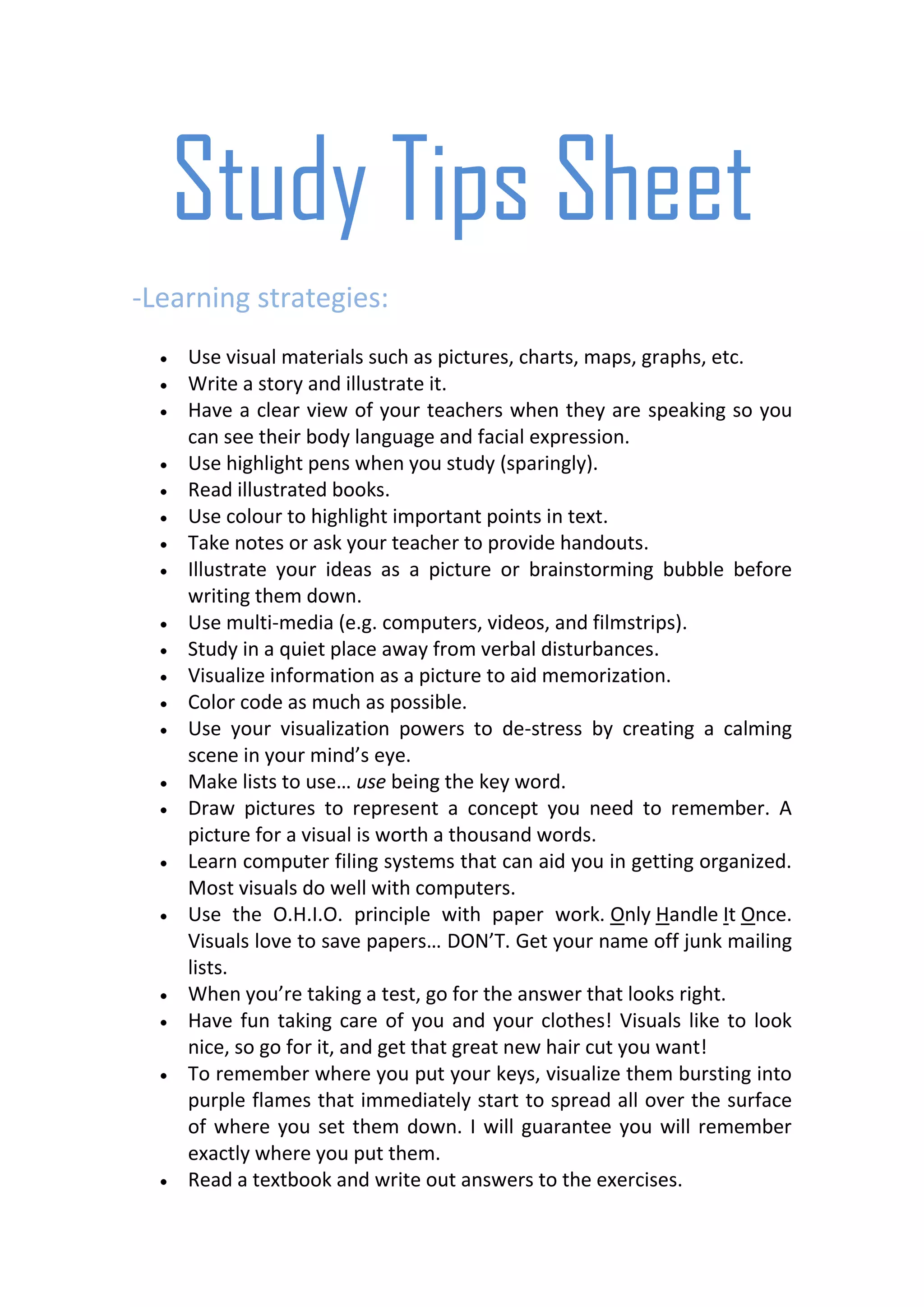 Study tips sheet | DOCX | Education