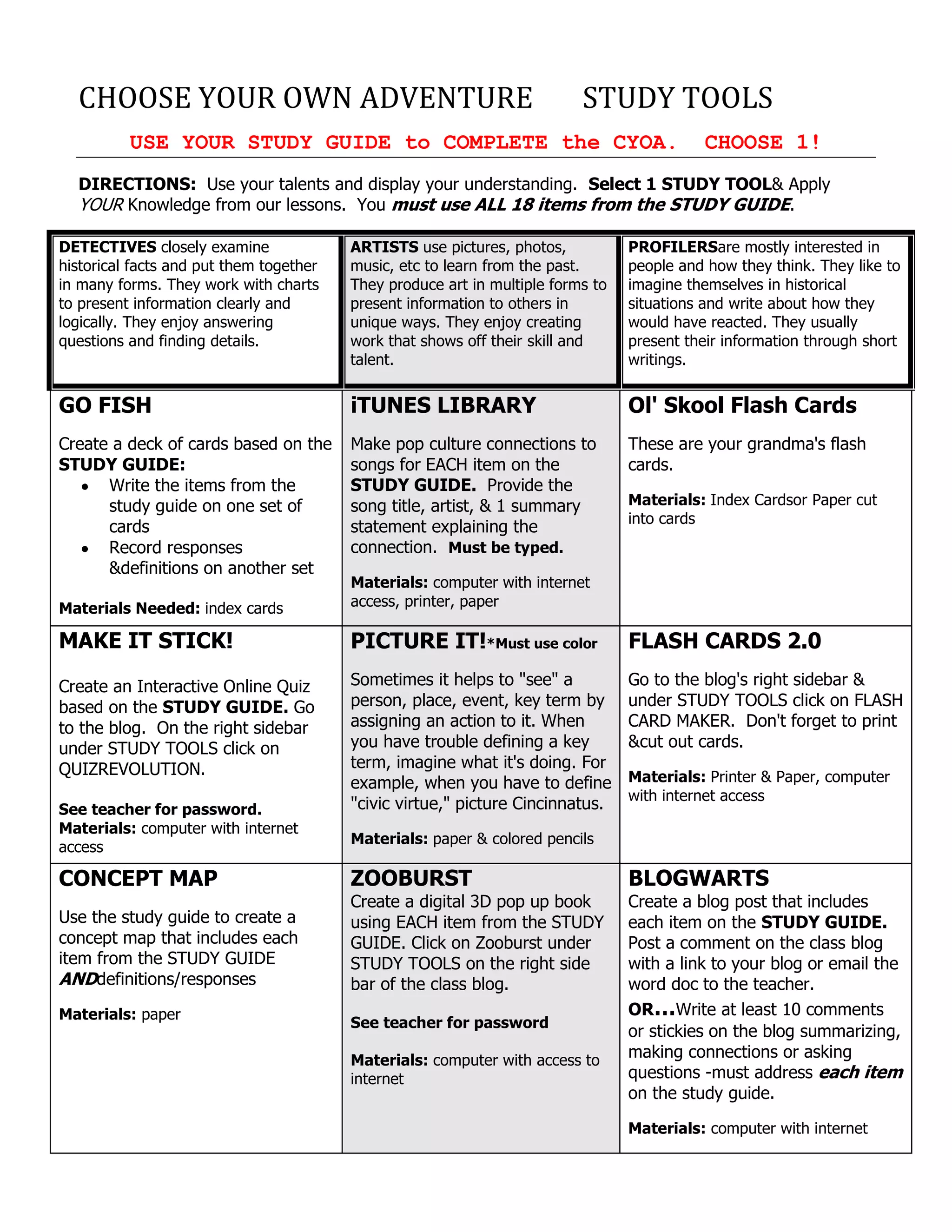 CYOA: Study Tools | PDF